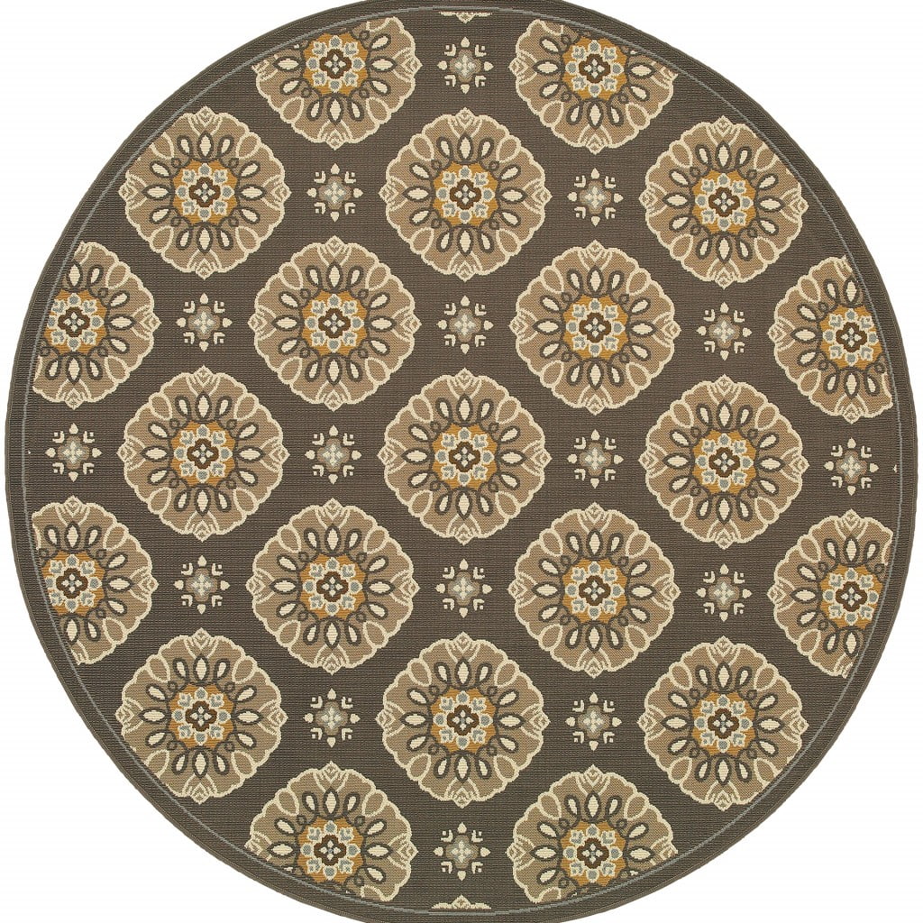 7' Grey Gold Floral Medallion Discs Indoor Outdoor Area Rug - Walmart.com
