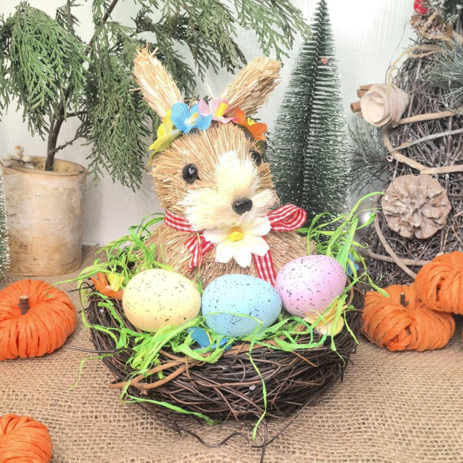 7" H Adorable Handcrafted Easter Straw Bunny in Nest with Floral Grass ...