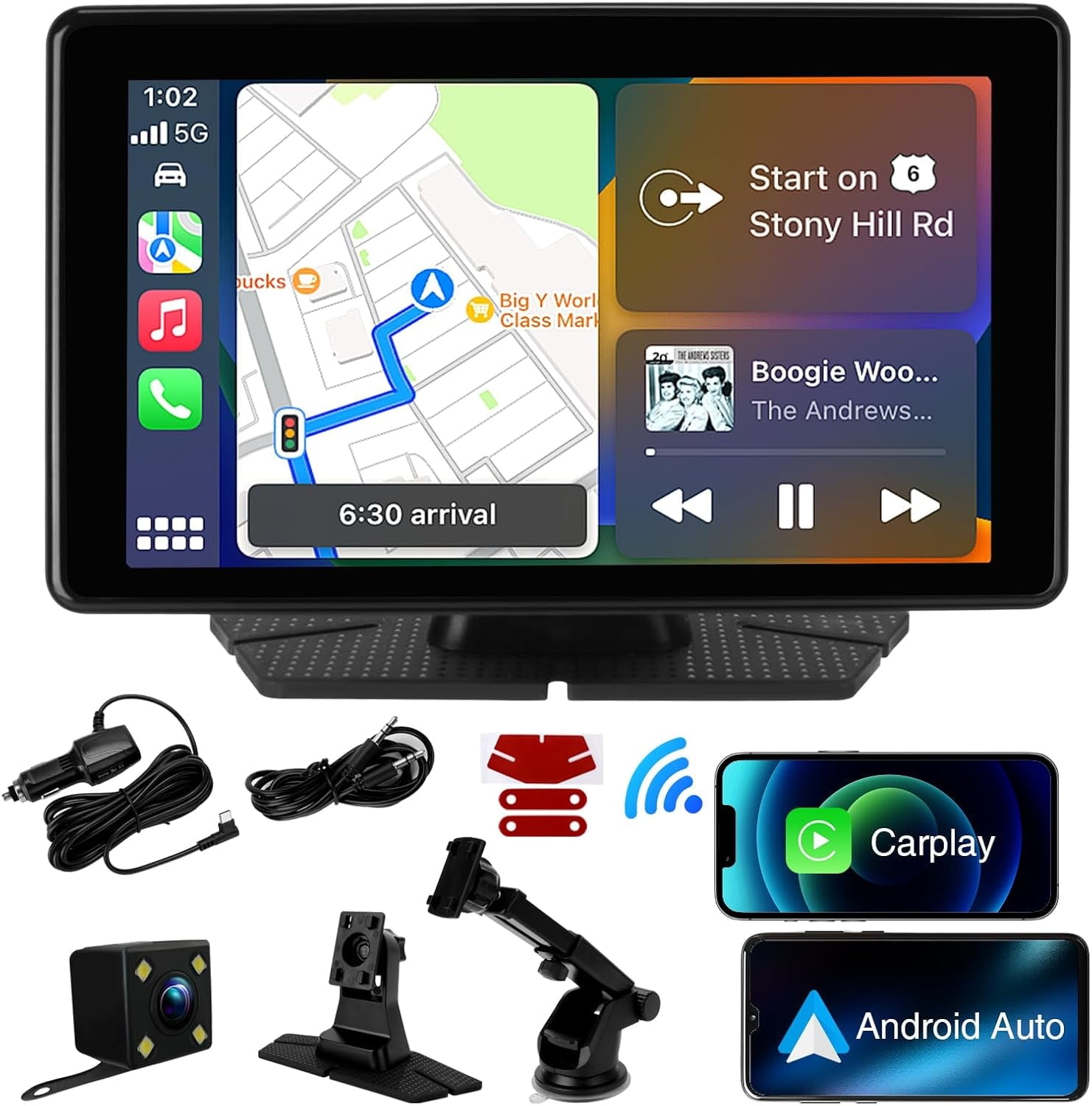 7" HD Carplay Screen for Car, Portable Wireless Apple Android Auto Car ...