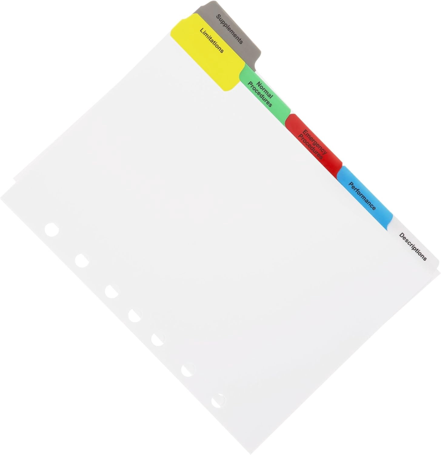 7 Hole General Use QRH Divider Tabs - 6 Mylar Coated Aircraft Checklist ...