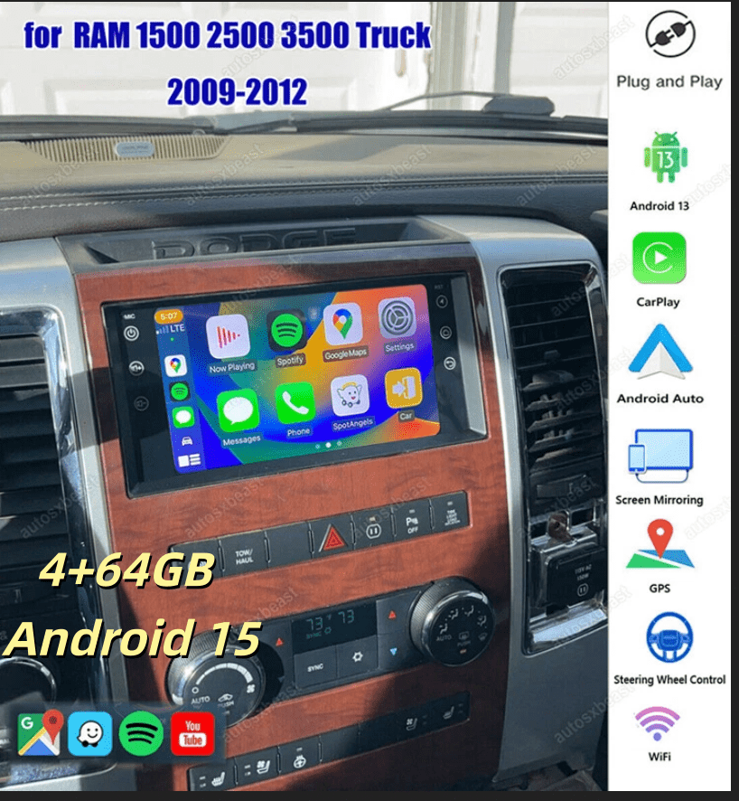 7" IPS Touchscreen Car Stereo | 4+64GB Android 15 For Dodge Ram 2009 ...