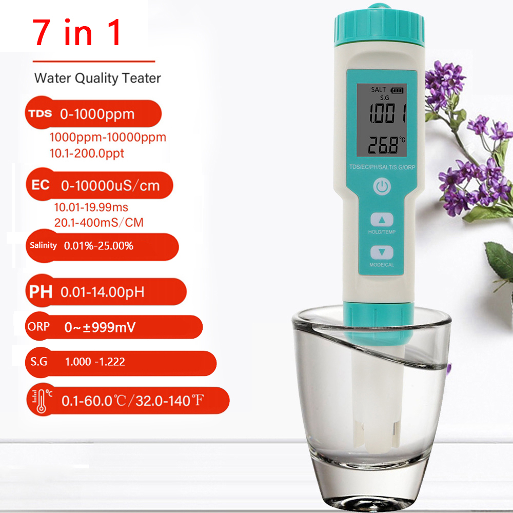 7 In 1 Digital Salinity PH TDS TEMP SG EC ORP Tester Water Quality ...