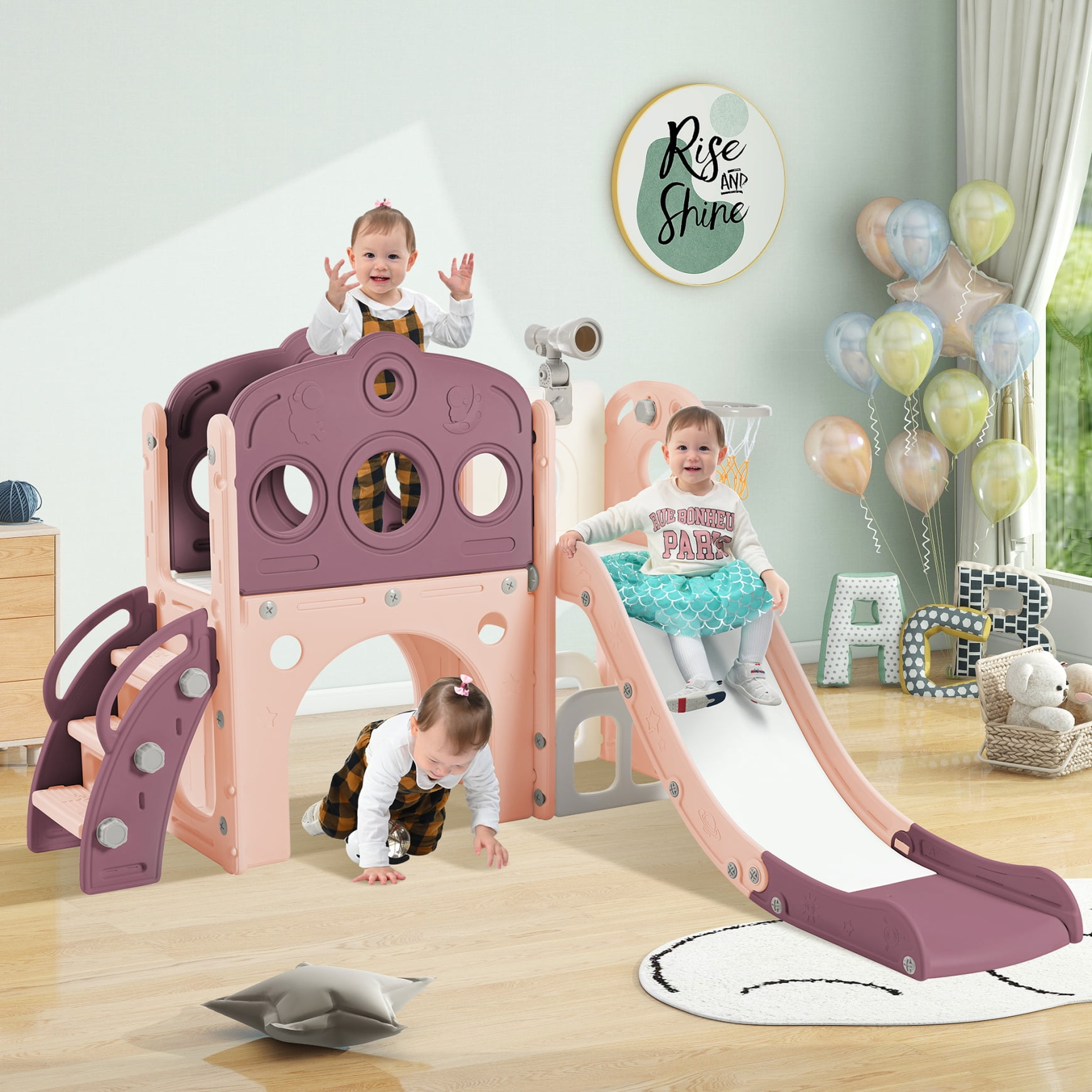 7 In 1 Toddler Slide Set with Slide, Climber, Telescope, Basketball ...