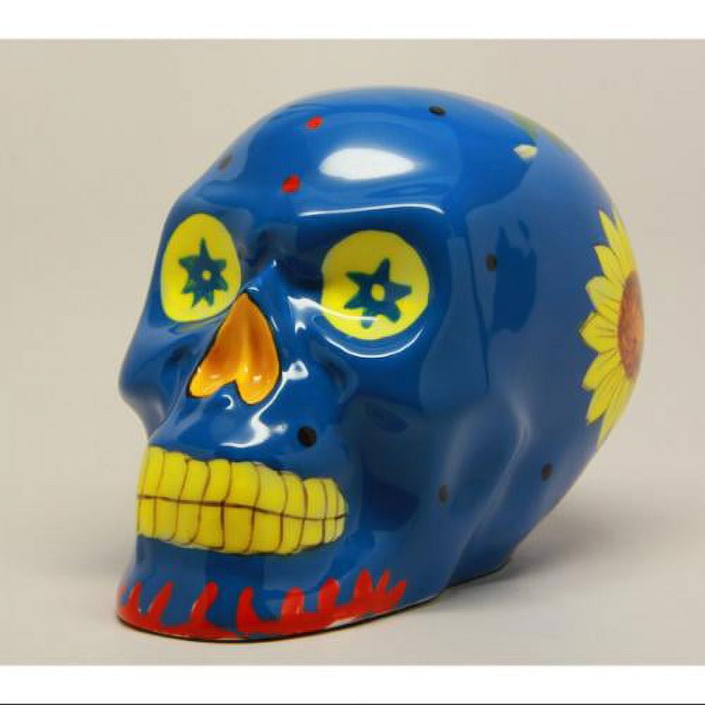 7 Inch Blue Day of The Dead Floral Pattern Skull Statue Figurine ...