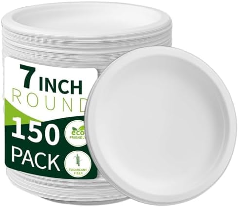 7 Inch Compostable Paper Plates 【White 150 Pack】, 100% Sugarcane ...