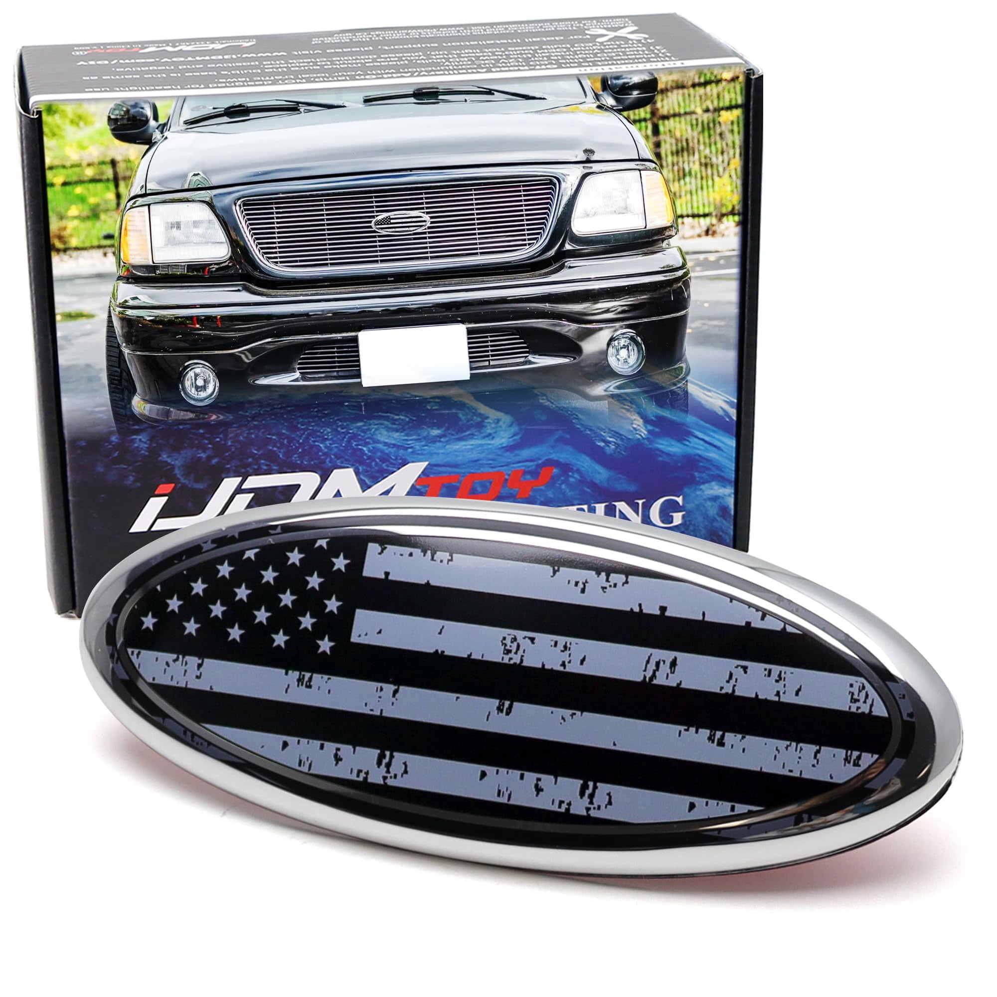 7-Inch Distressed Grayscale US Flag Design Front Grille Oval Emblem ...