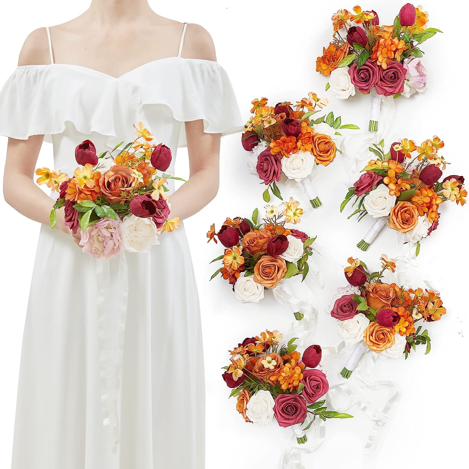 7 Inch Flame Orange Wedding Bouquets for Bridesmaid, Set of 6 ...