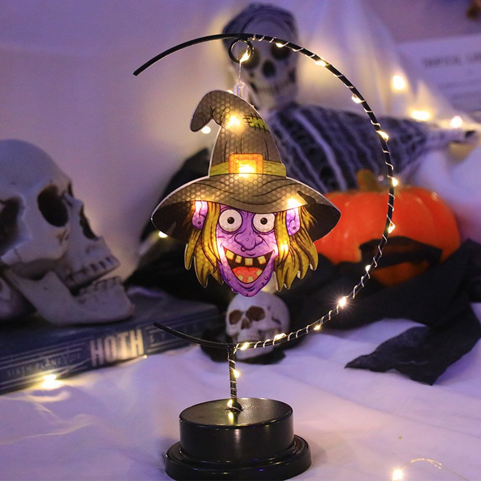 7 Inch Halloween Wrought Iron Witch-Shaped Lamp with Spider and Bat ...