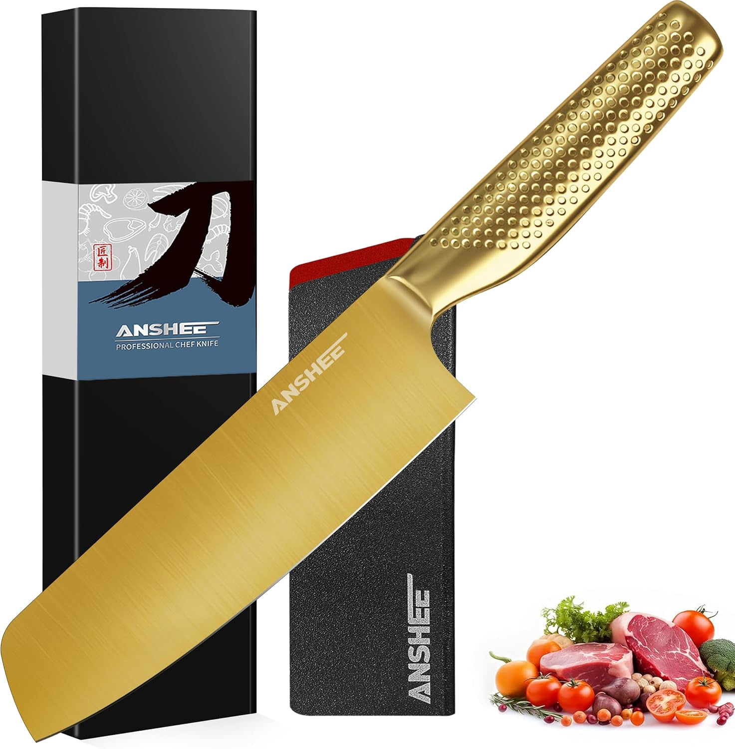 7 Inch Japanese Santoku Knife High Carbon Stainless Steel Gold-Colored ...