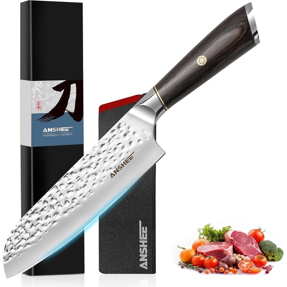 7 Inch Japanese Santoku Knife with Sheath Gift Box-Hammered Finish High ...