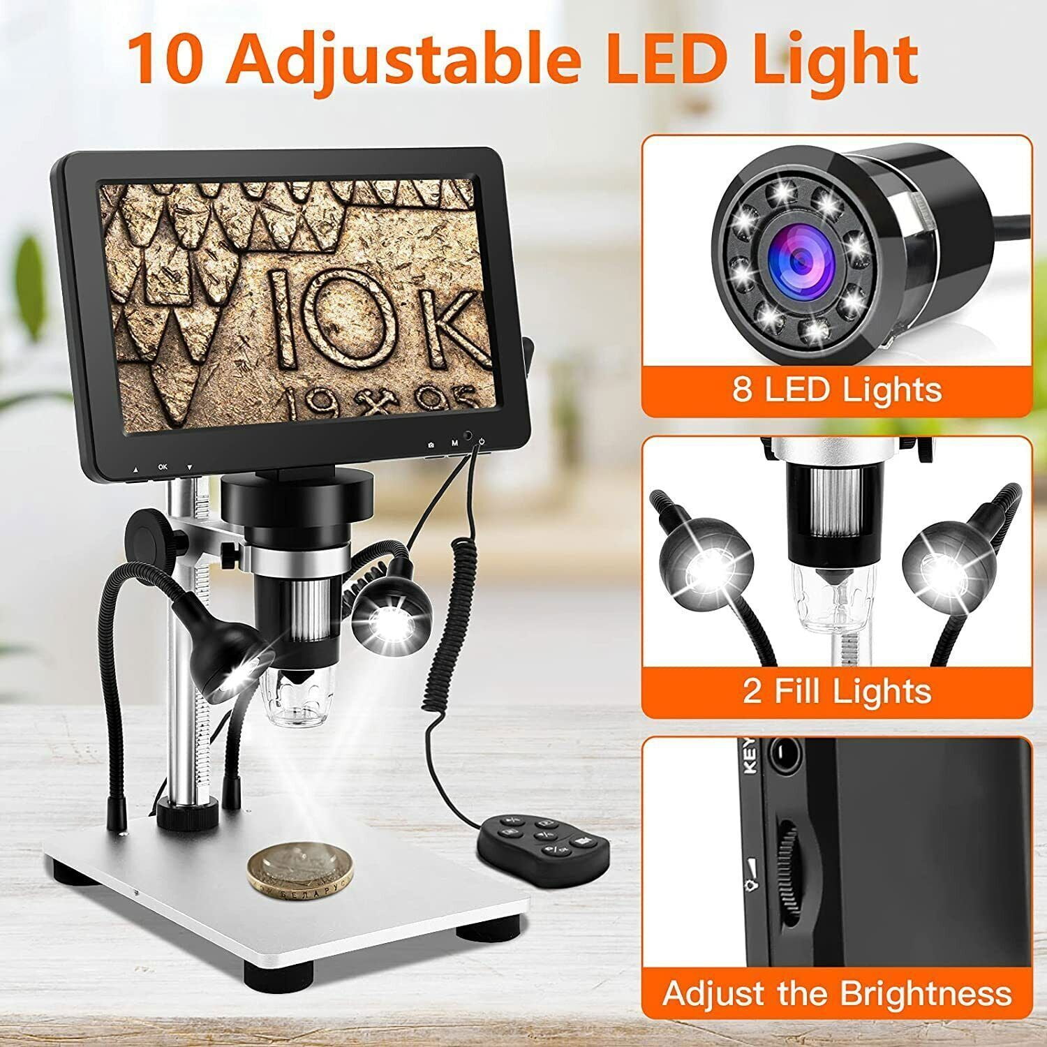 7 Inch LCD 1080P Digital Microscope 1200X Magnifier +Video Recorder ...