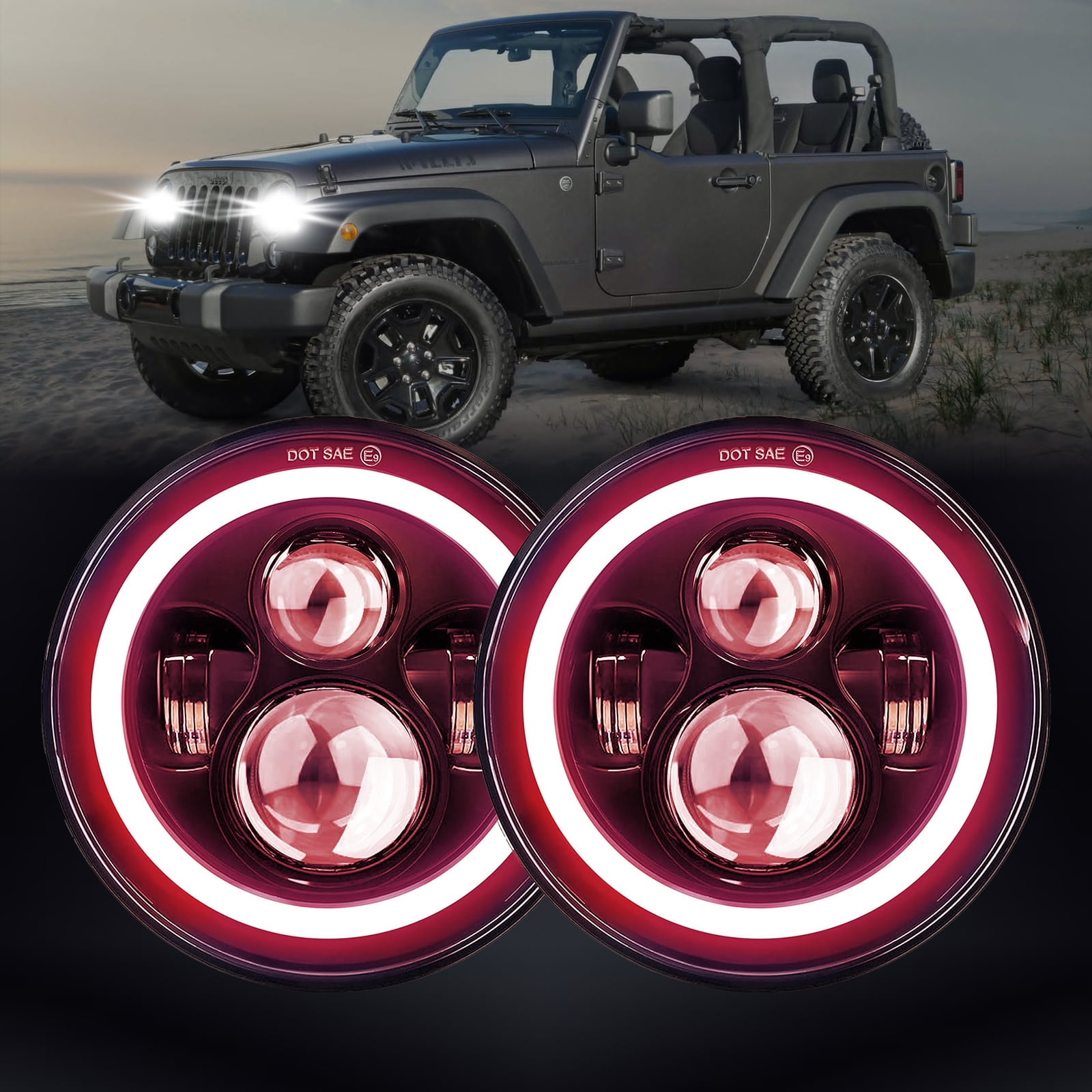 7 Inch LED Halo Headlights, 7" Round Wrangler Headlight for JK/TJ/LJ/CJ ...
