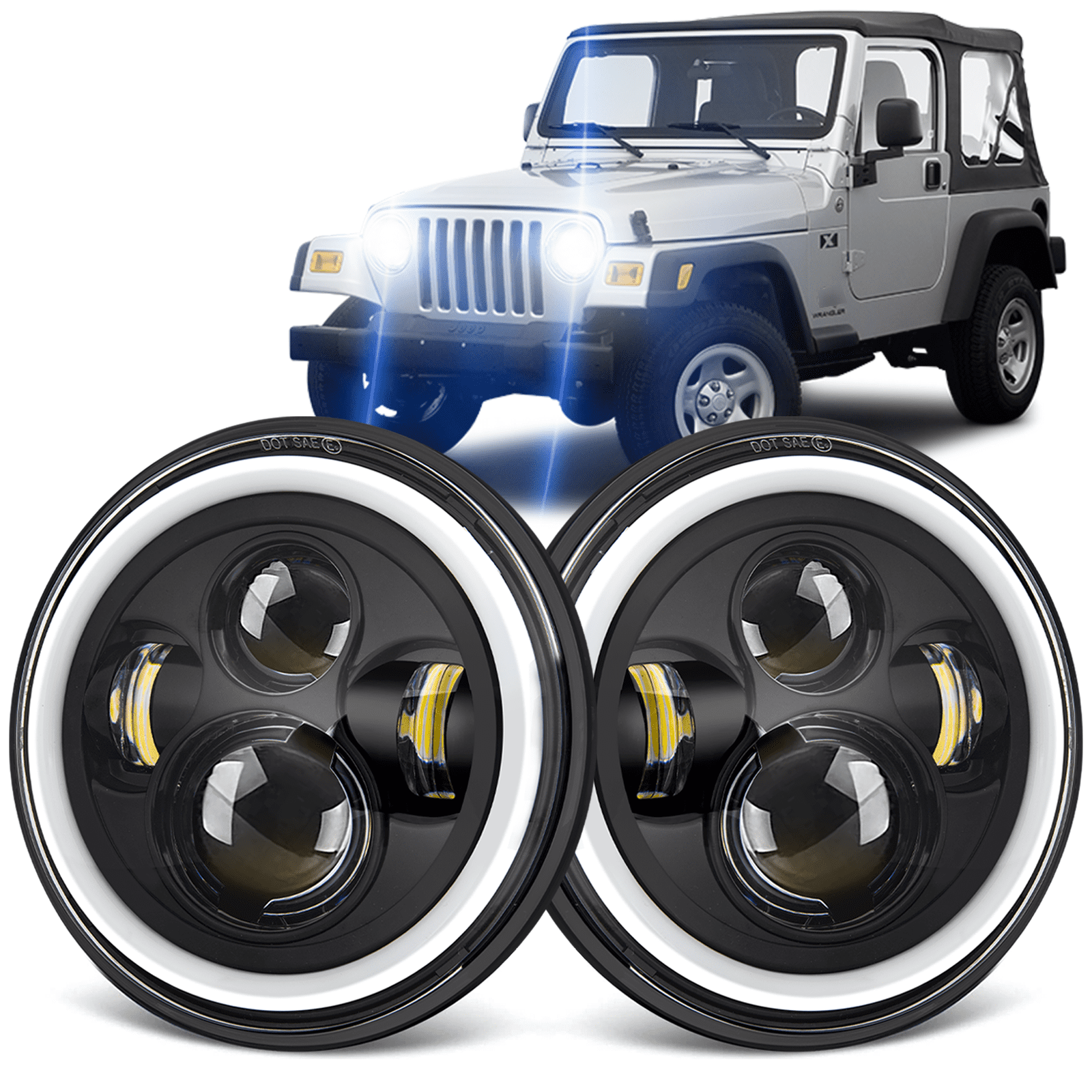 7 Inch LED Halo Headlights with Turn Signal Amber White DRL Compatible ...