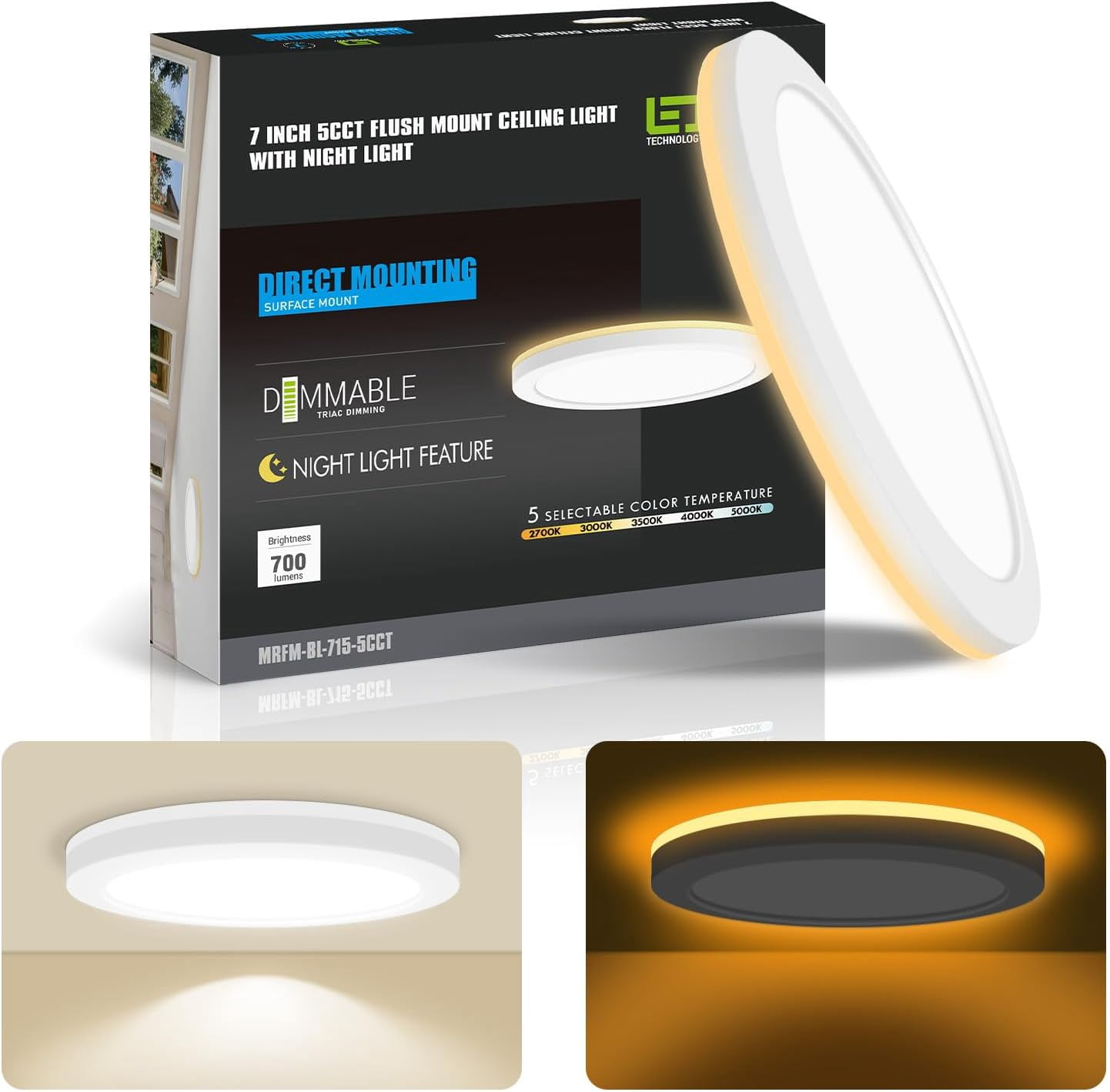 7 Inch Led Flush Ceiling Light with Night Light, 12W 700LM 2700K/3000K ...