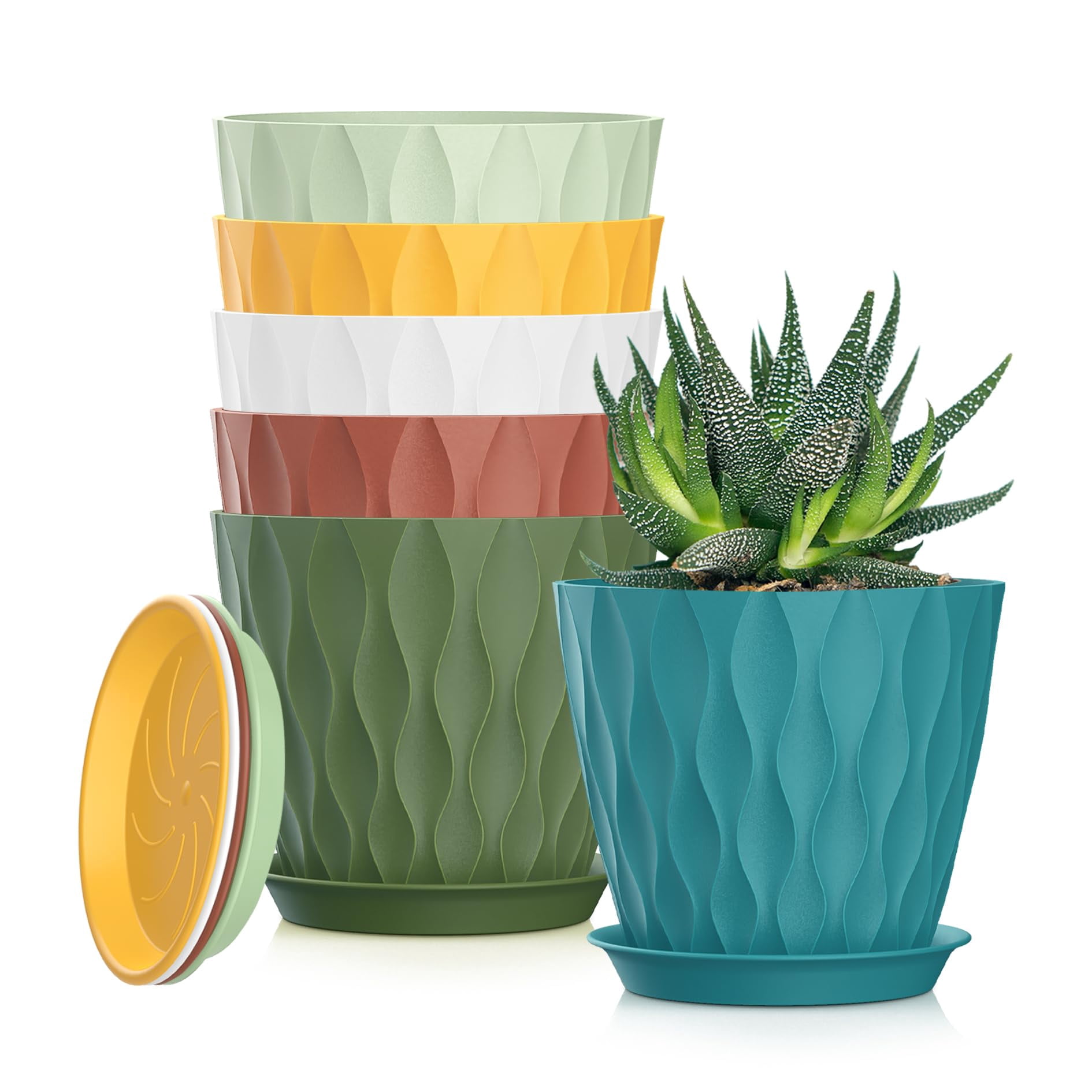 7 Inch Plastic Plant Pots 5 Pack with Drainage Holes and Drip Trays ...