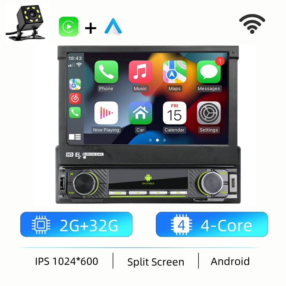 7 Inch Retractable Screen 1Din Car Radio Android Wireless Carplay Multimedia Universal Smart ...