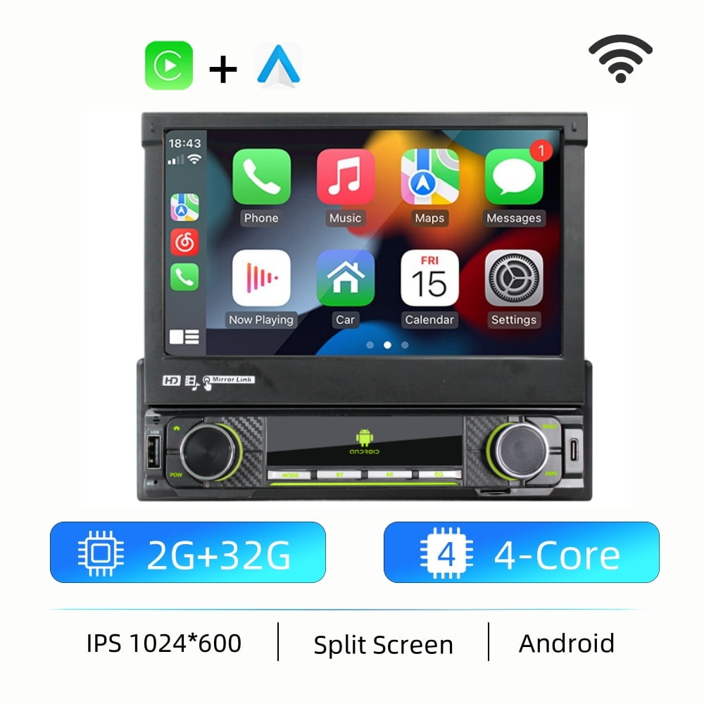 7 Inch Retractable Screen 1Din Car Radio Android Wireless Carplay Multimedia Universal Smart ...