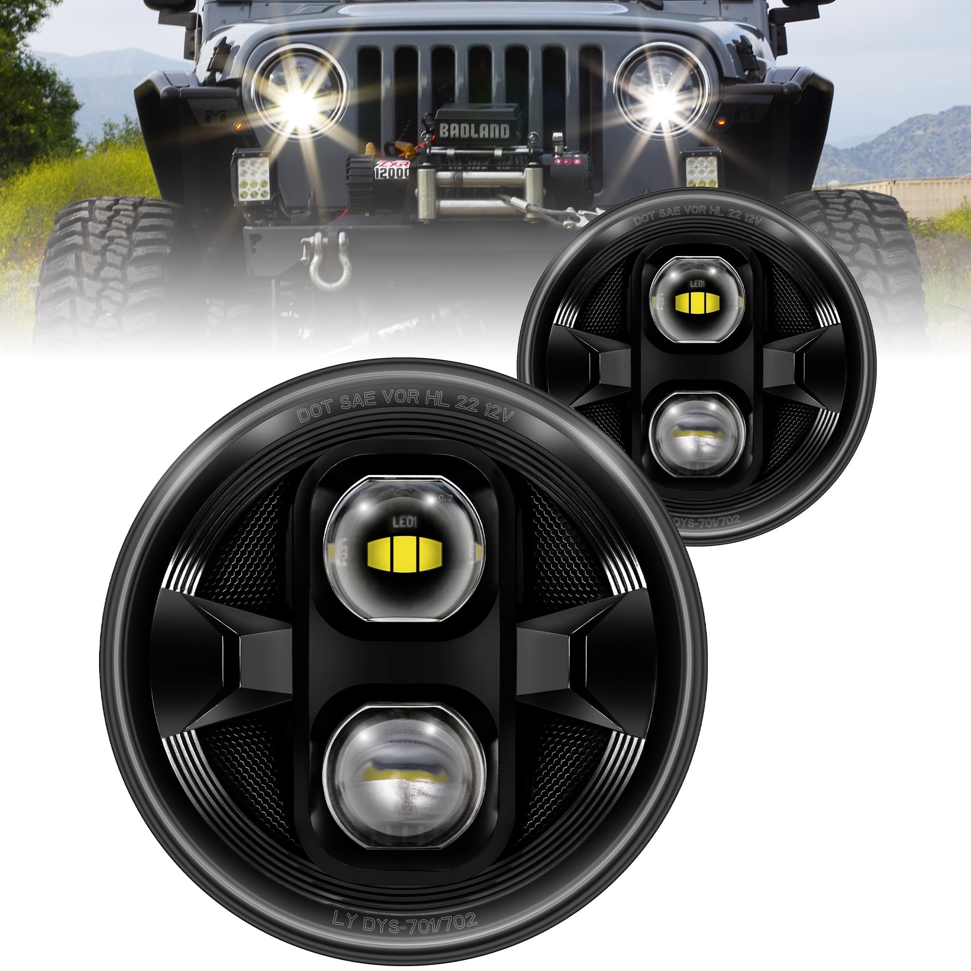 7 Inch Round DOT-Approved H6024 LED Headlights Compatible w/ Jeep ...