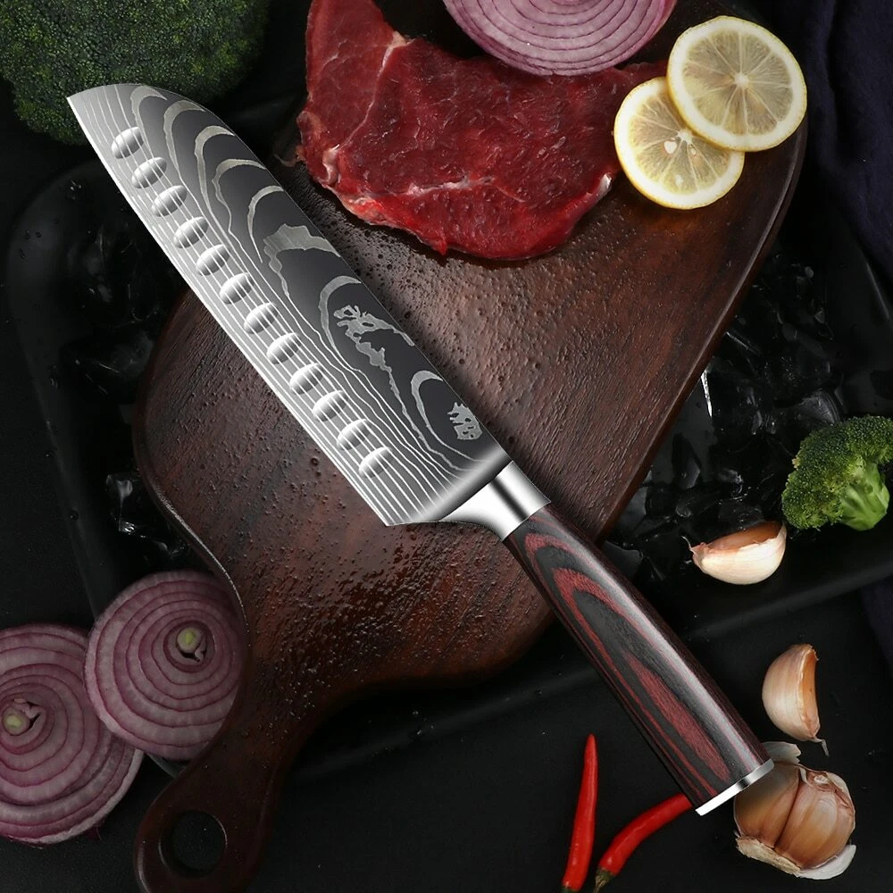 7 Inch Santoku Knife Damascus Pattern Stainless Steel Kitchen High ...