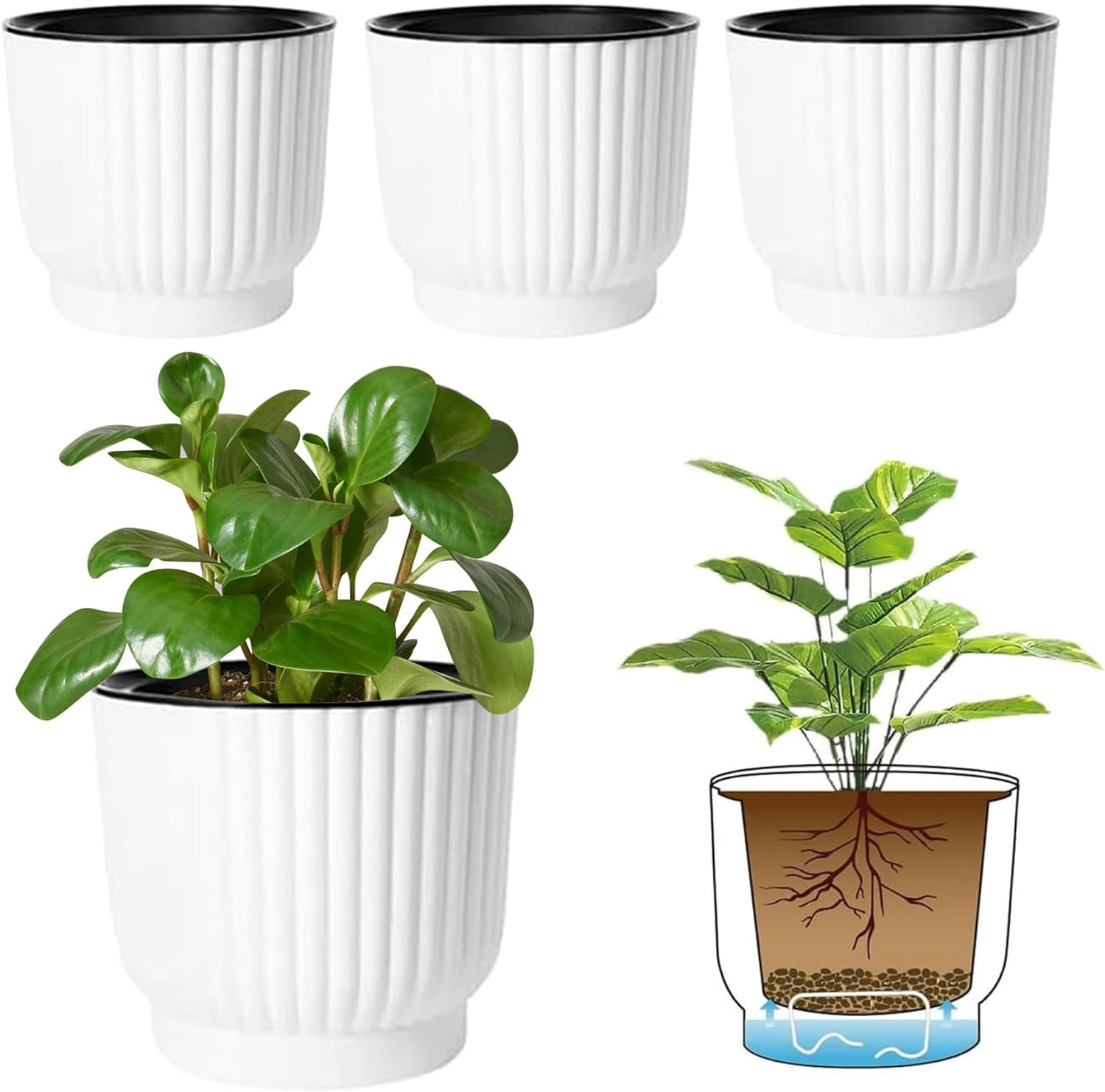 7 Inch Self Watering Indoor Plant Pots, 4 Pack Durable Plastic Planters ...