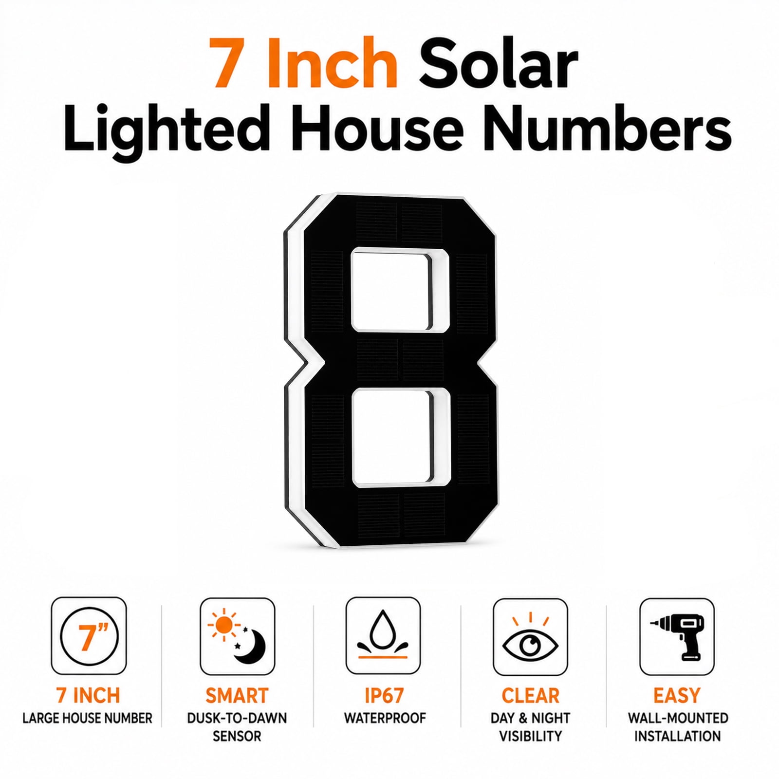 7 Inch Solar Lighted House Number 8 for Outside, 2000mAh LED Address ...
