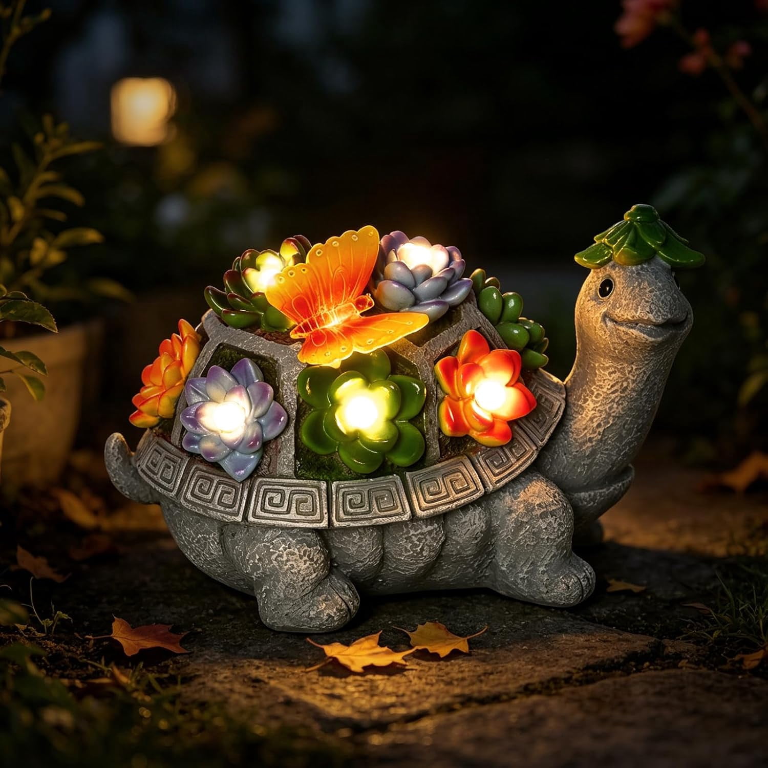 7 Inch Solar Turtle Garden Statue with Butterfly, Succulent & LED ...