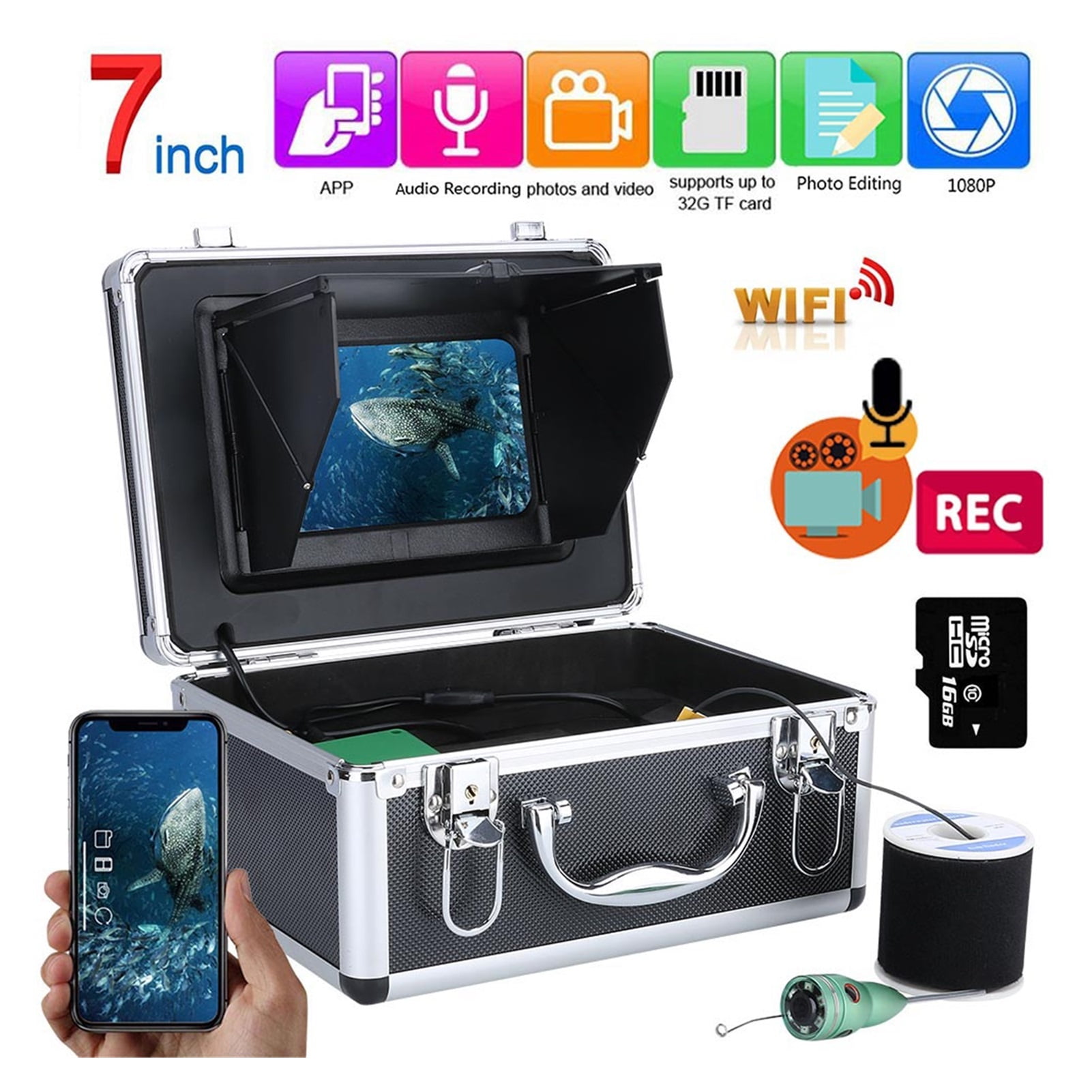 7 Inch Wireless Fish Finder Underwater Fishing Camera Kit 16GB Video ...