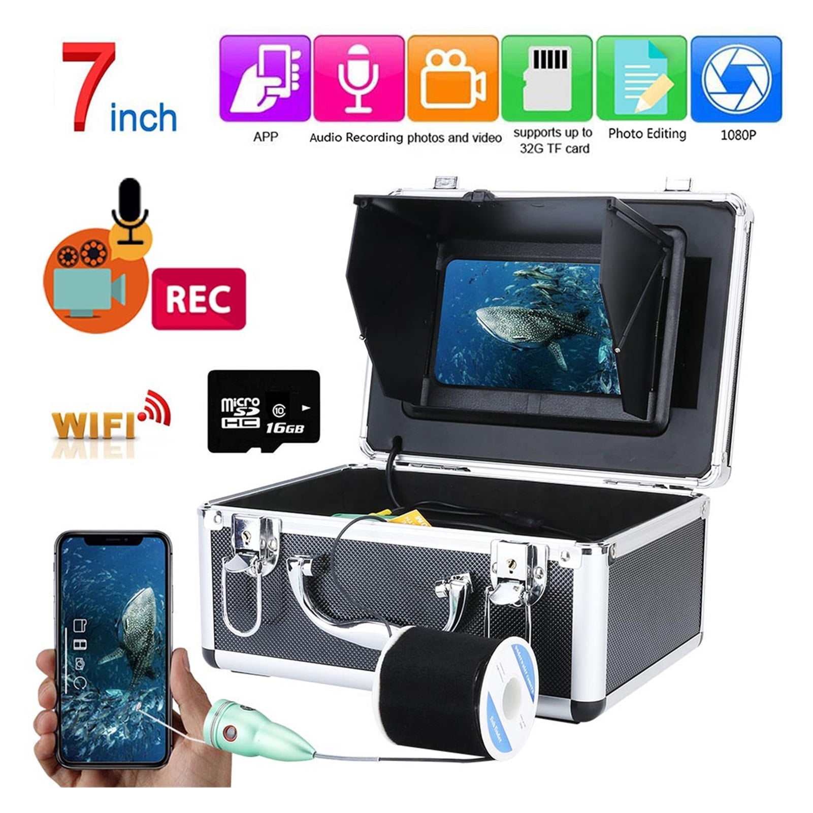 7 Inch Wireless Fish Finder Underwater Fishing Camera Kit 16GB Video ...
