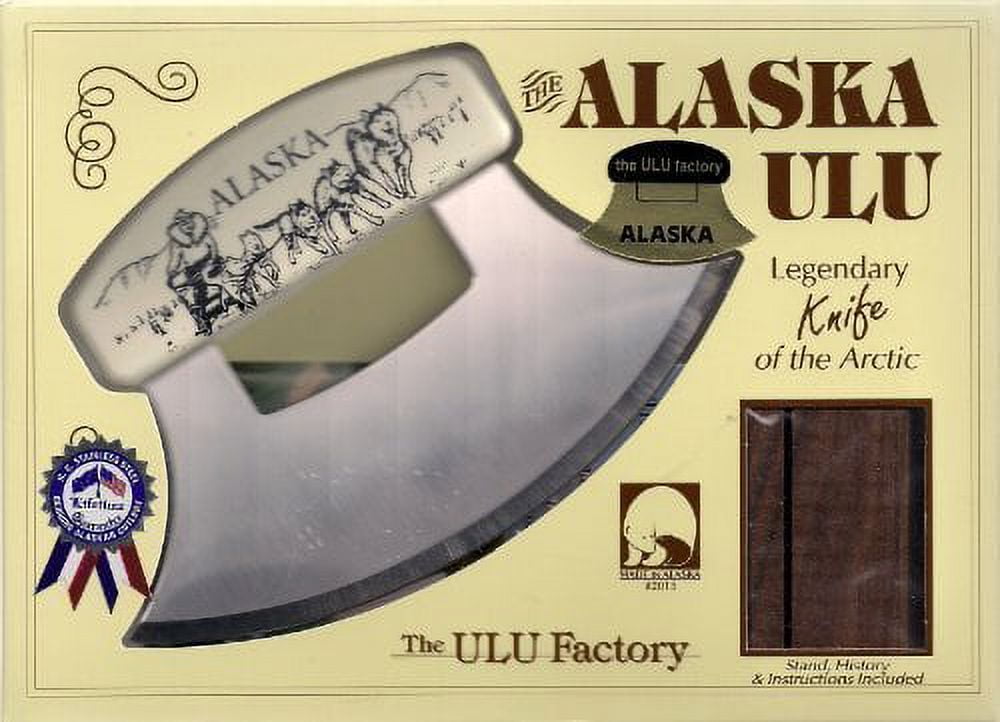 7" Inupiat Style Cultured Ivory Handled Ulu with Walnut Stand (Etched ...