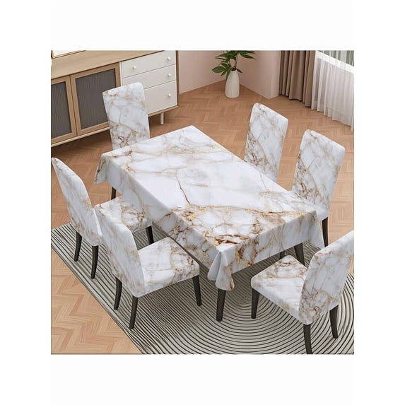 7 Items White Marble Gold Vein Pattern Luxury Tablecloth And Chair Set ...