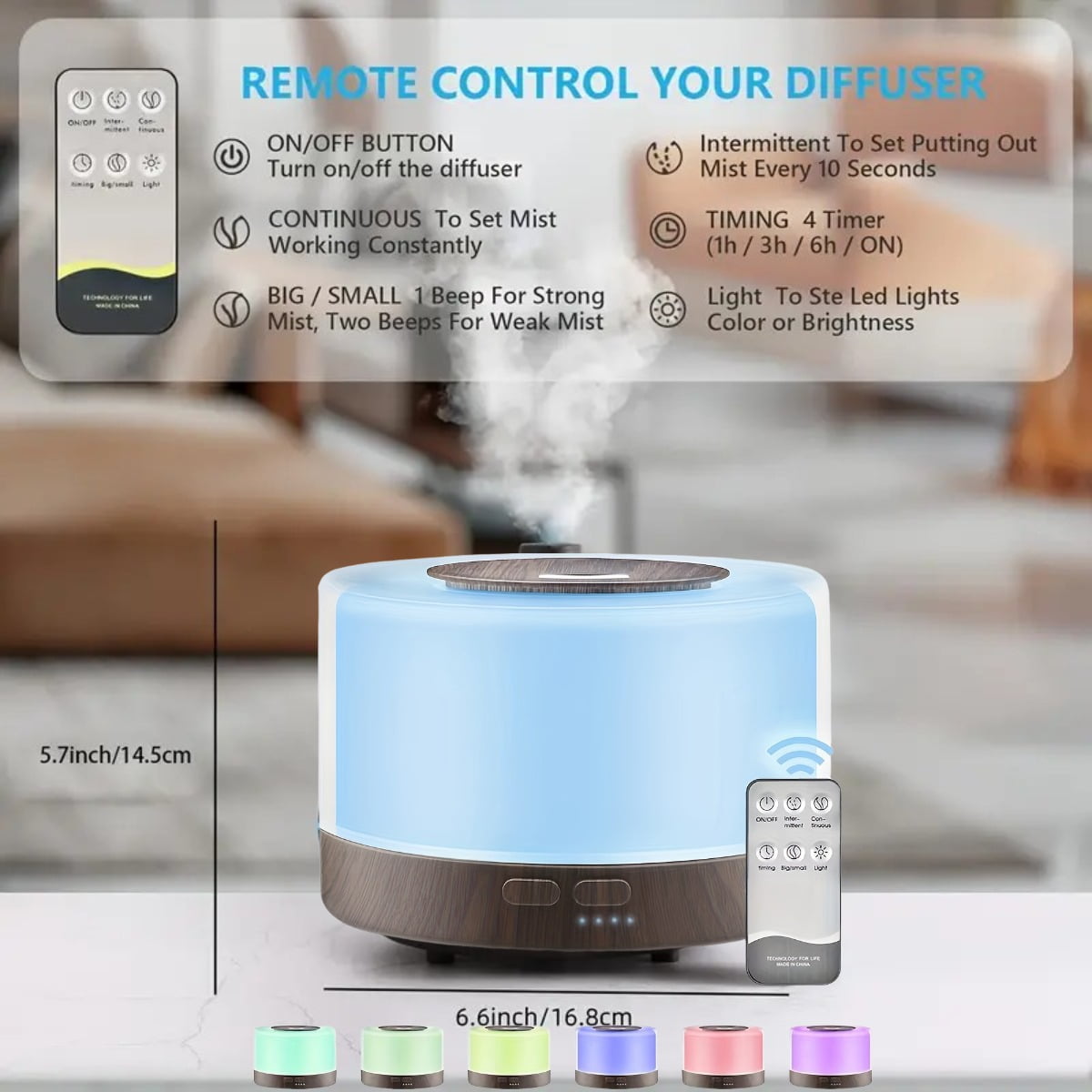 7 LED Colors Diffuser & Cool Mist Humidifier - Stylish Wood Grain ...