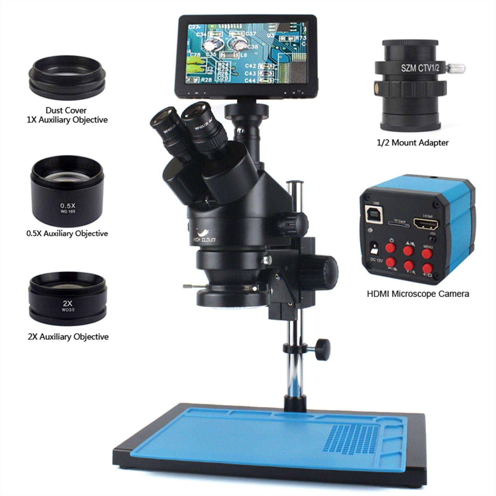 7 LED Displa 7X-45X Simul-Focal Trinocular Stereo Microscope HDMI USB ...