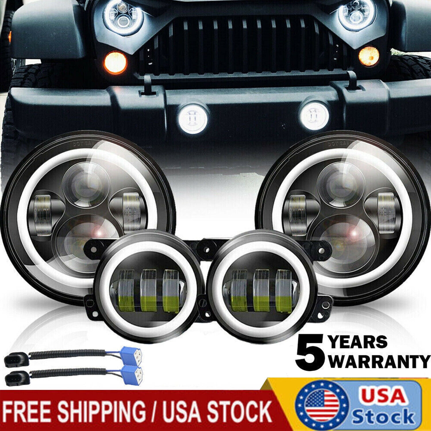 7" LED Halo Headlights 4" Fog Lights Combo Kit for Jeep Wrangler JK TJ ...