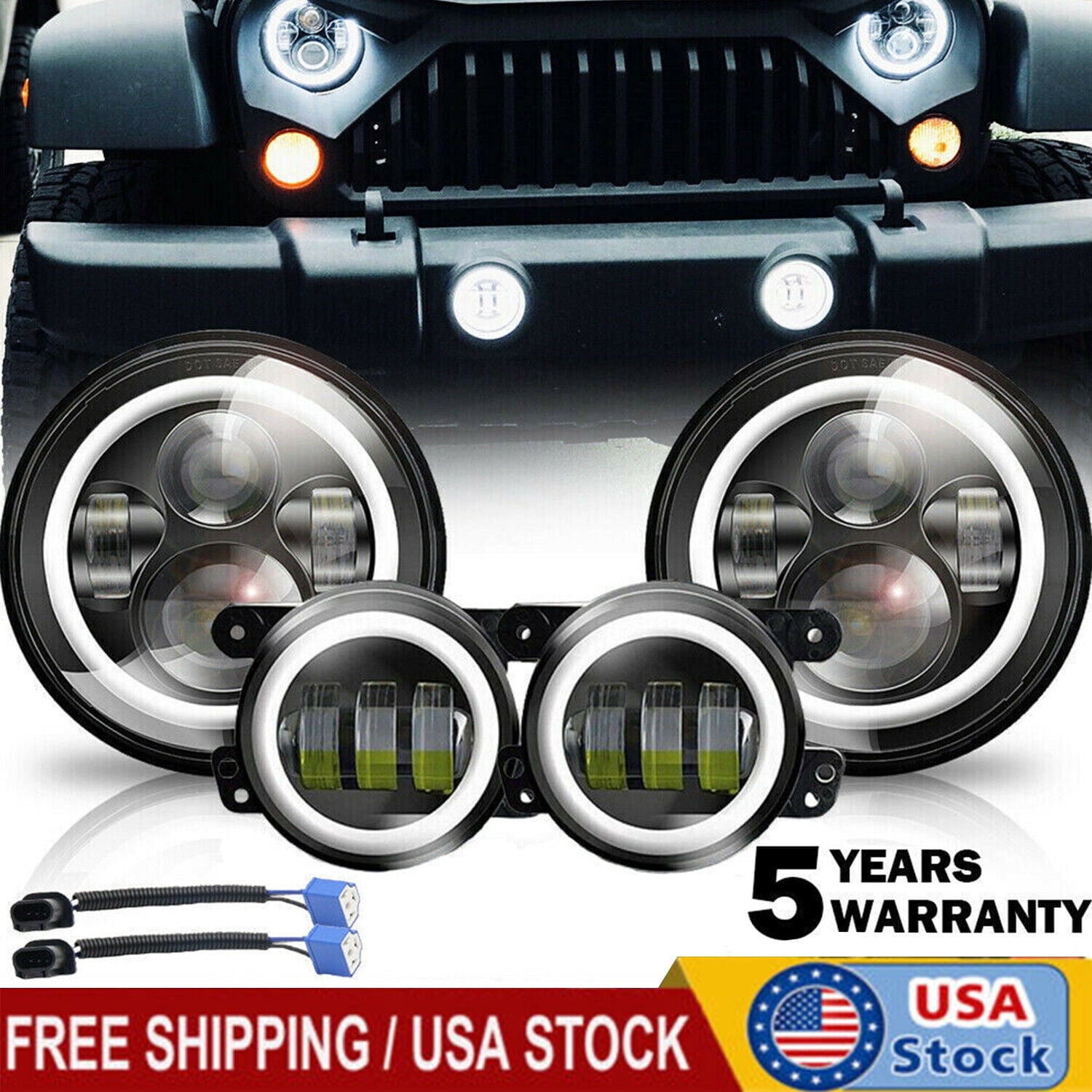 7" LED Halo Headlights 4" Fog Lights Combo Kit for Jeep Wrangler JK TJ ...