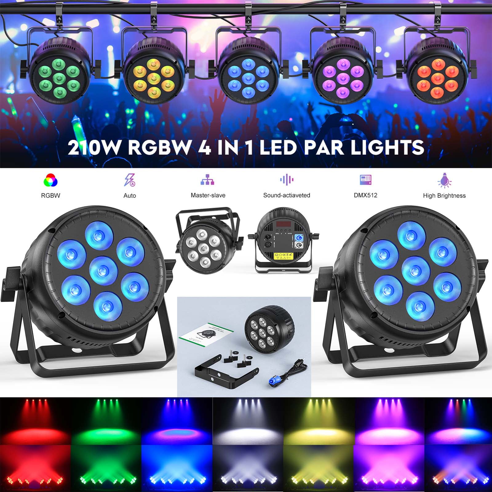 7 LED Stage Lights RGBW DJ LED Par Light, 210W DMX Controlled & Sound ...