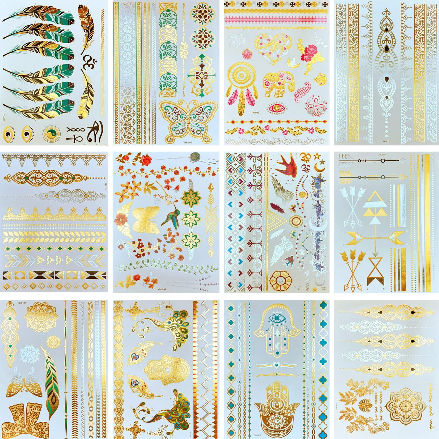 7 Large Sheets Temporary Tattoos Gold Silver Glitter Henna Metallic ...