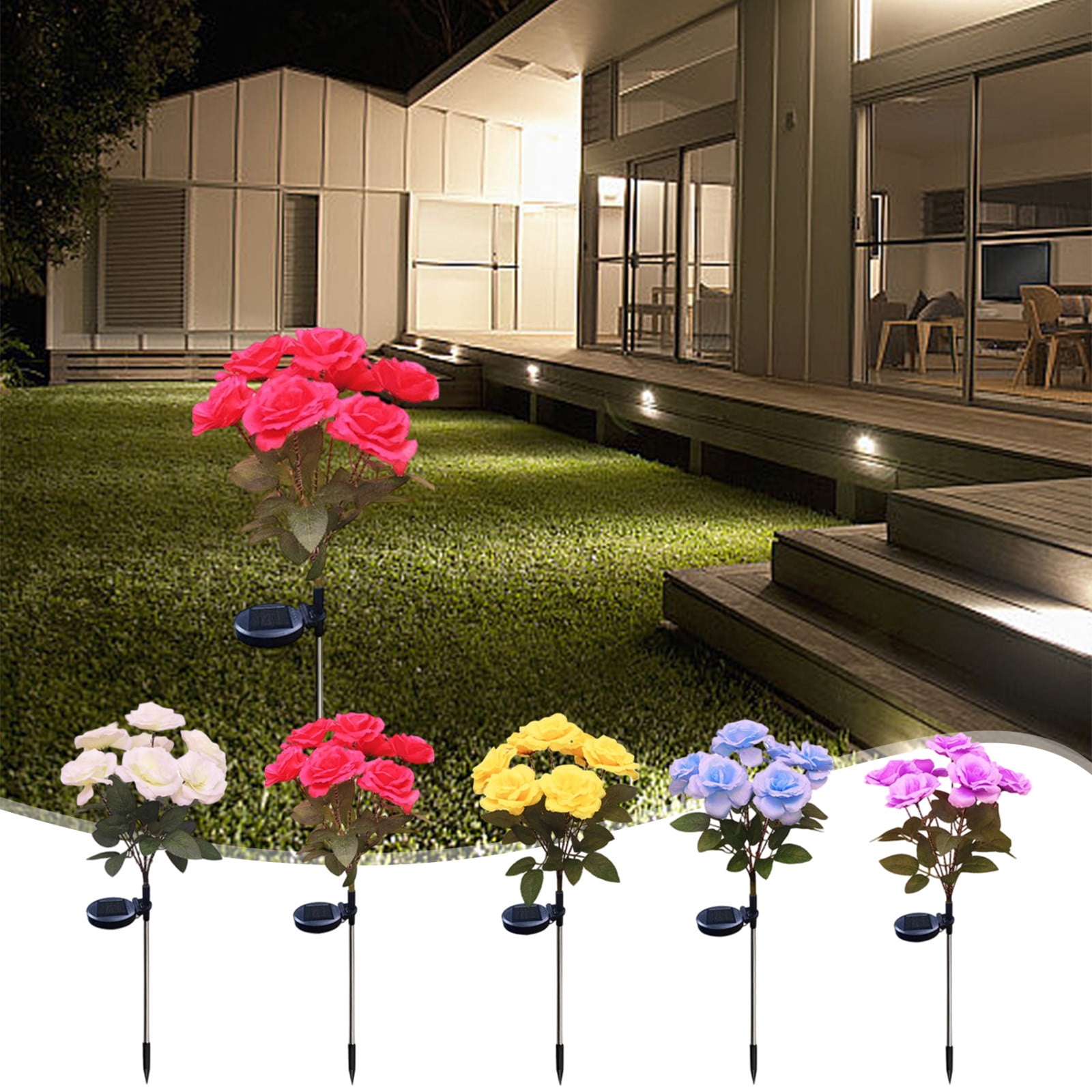 7 Led Solar Rose Flower Lights, Waterproof Plastic Garden Stake Lights ...
