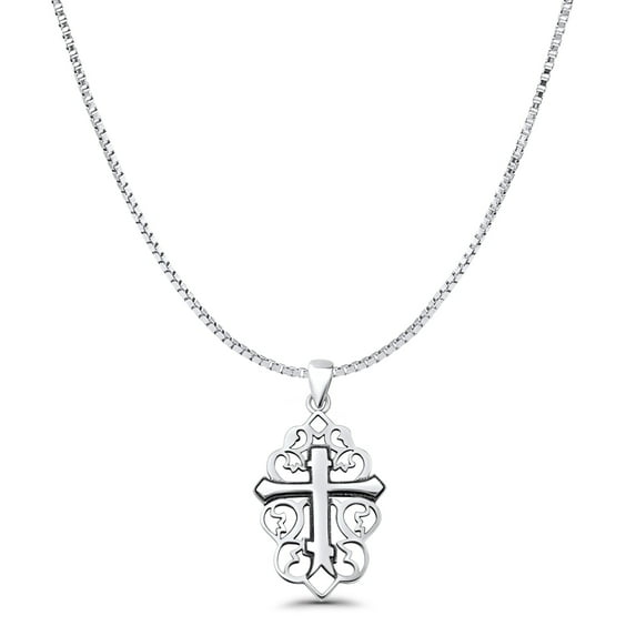 7" Long 1mm Box Chain- Cross Pendant Oxidized Filigree 925 Sterling ...