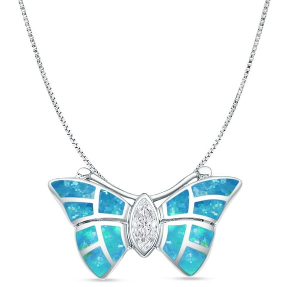 7" Long 1mm Box Chain- Lab Created Blue Opal & Marquise CZ Butterfly ...