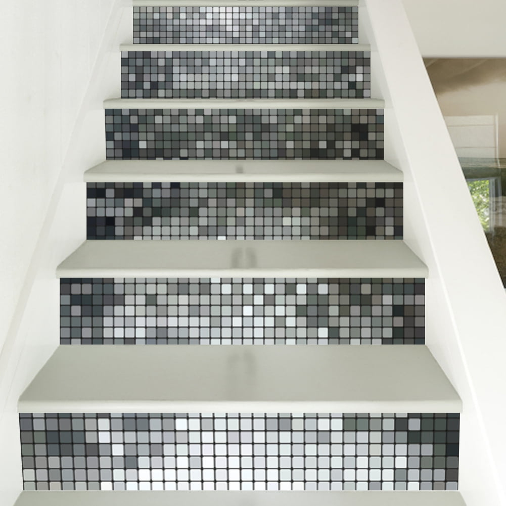 7"Lx 39.4"W 3D Silver Mosaic Stair Stickers Self Adhesive Stair Riser ...