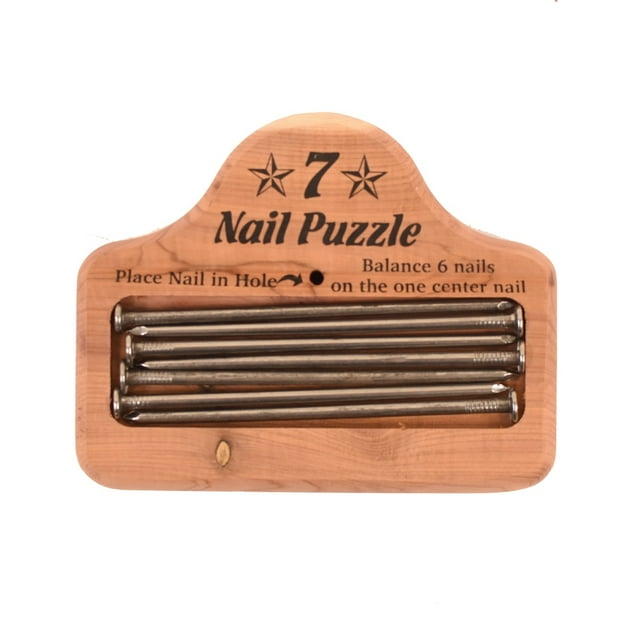 7 Nail Balance Puzzle Wood Block Game Pocket Brain Teaser IQ Magic ...