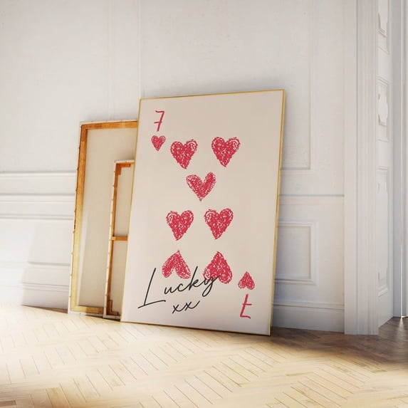 7 Of Hearts Poster Cute Red Card Retro Wall Art Trendy Lucky Playing ...