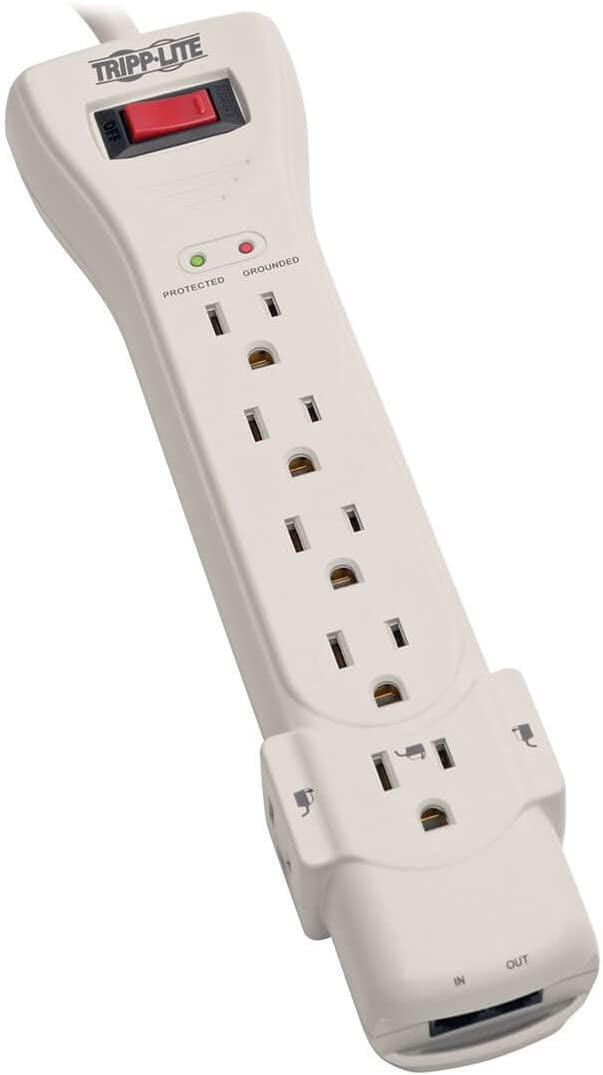 7 Outlet Surge Protector Power Strip, 7ft, Right-Angle Plug, Fax/Modem ...