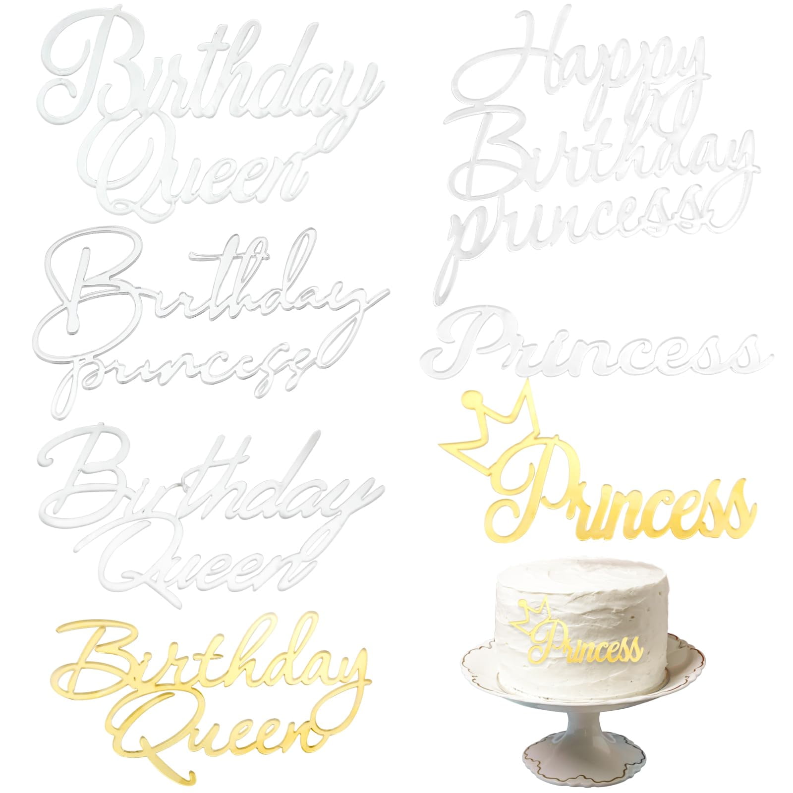7 PACK BirthdayTRDN Queen Cake Topper, Gold Silver Happy Birthday ...