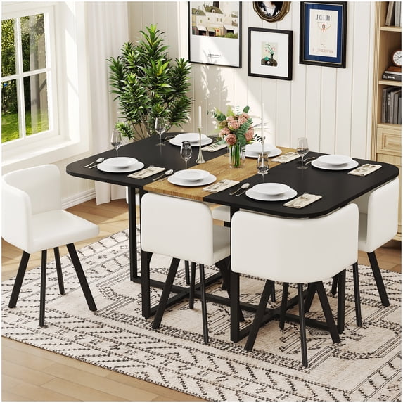 7-PC Dining Table Set for 6, Modern Rectangular Table Black Wood Grain ...