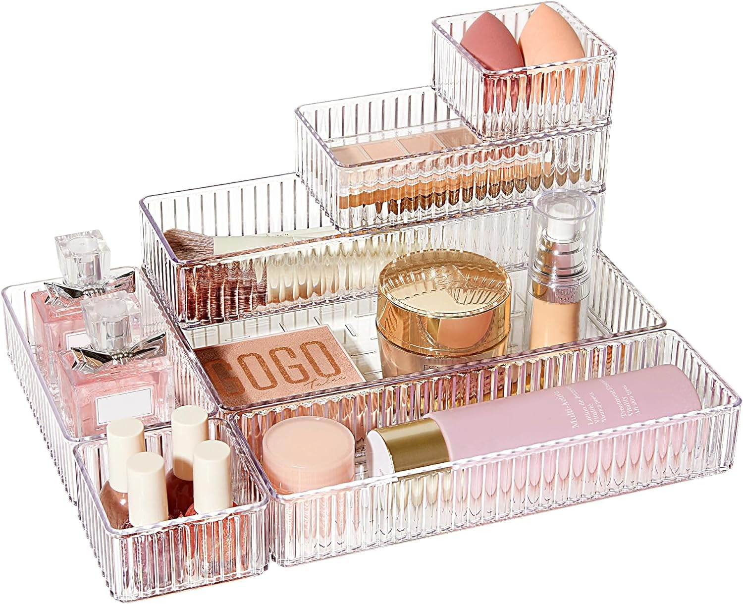 7 PCS Clear Drawer Organizers Bins, 4-Size Stackable Makeup and Vanity ...