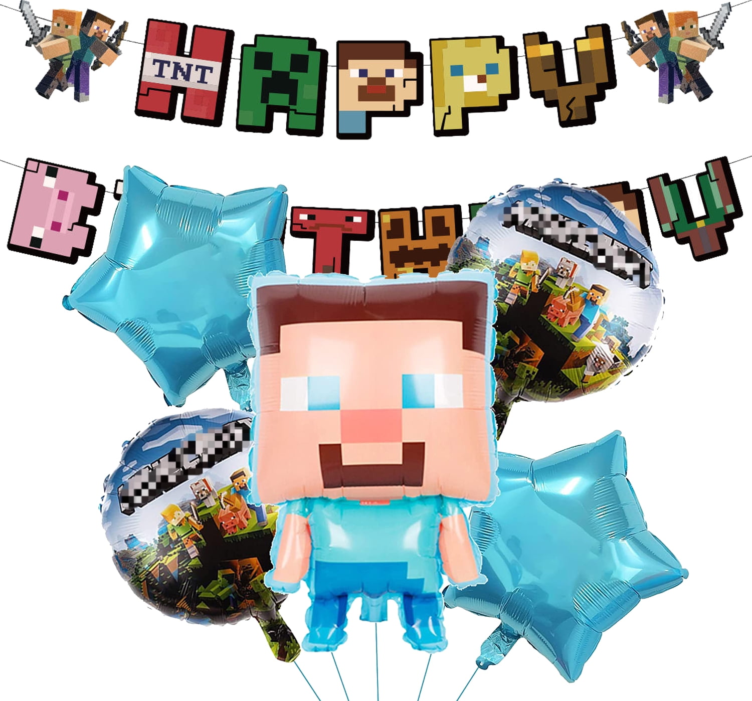 7 PCS Pixel Mining Balloons, Pixel Style Gamer Party Supplies Minecraft ...