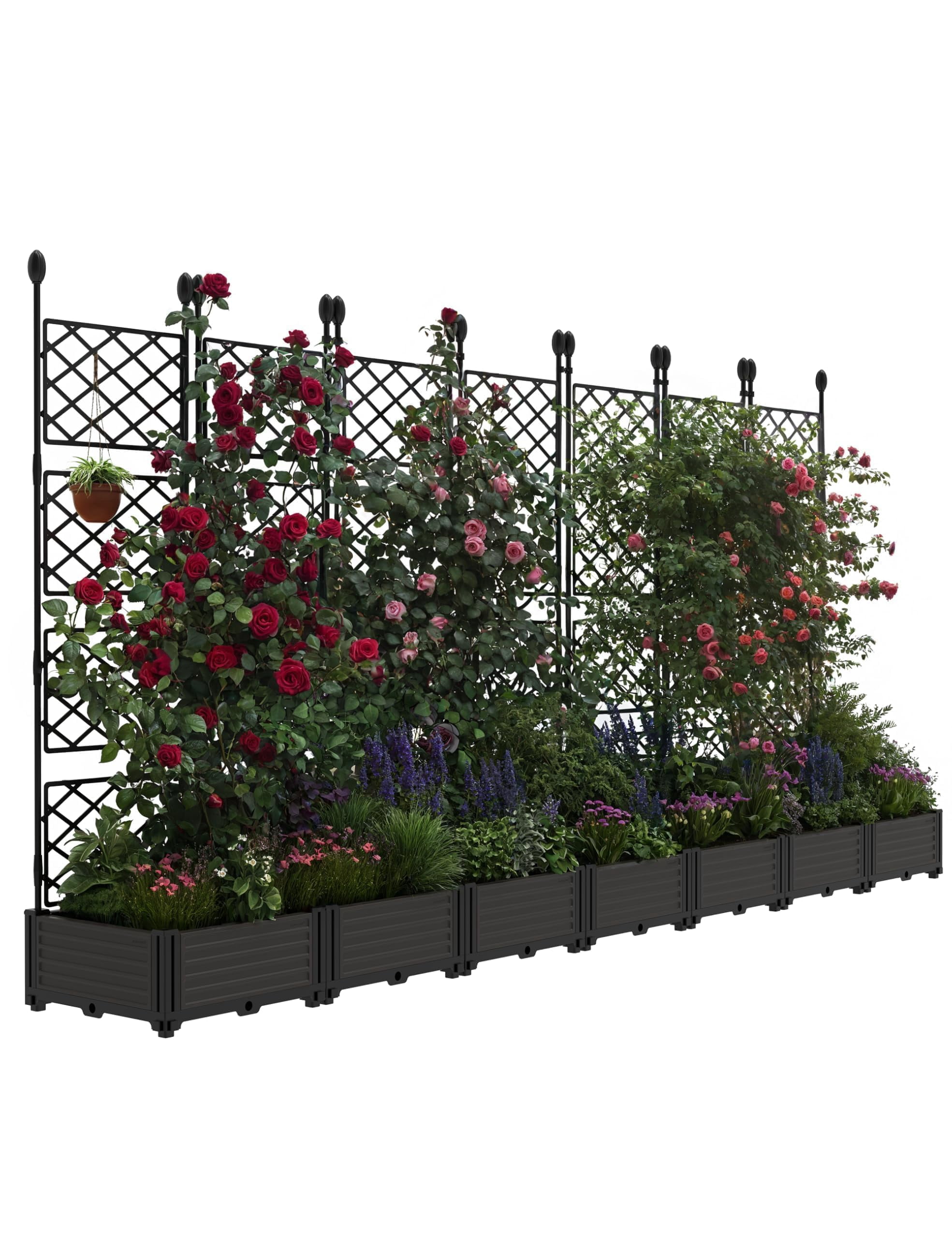7 PCS Raised Garden Bed with Trellis, 114"LX16"WX63"H Plastic Planter ...