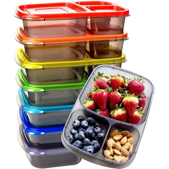 7 Pack Bento Lunch Box, Meal Prep Containers, Reusable 3 Compartment ...