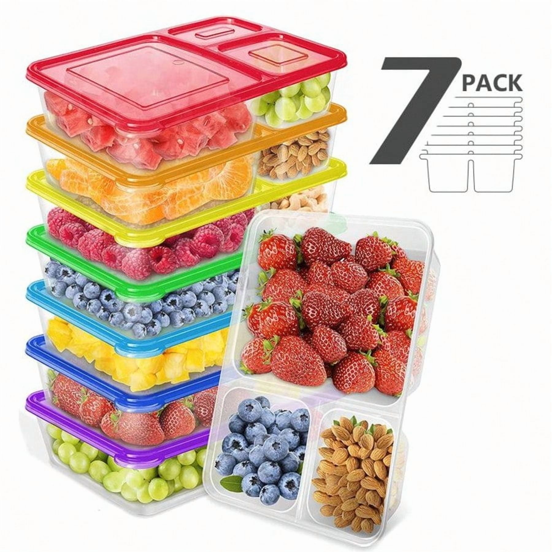 7 Pack Clear Lunch & Snack Containers With Multicolor Lid, Compartments ...